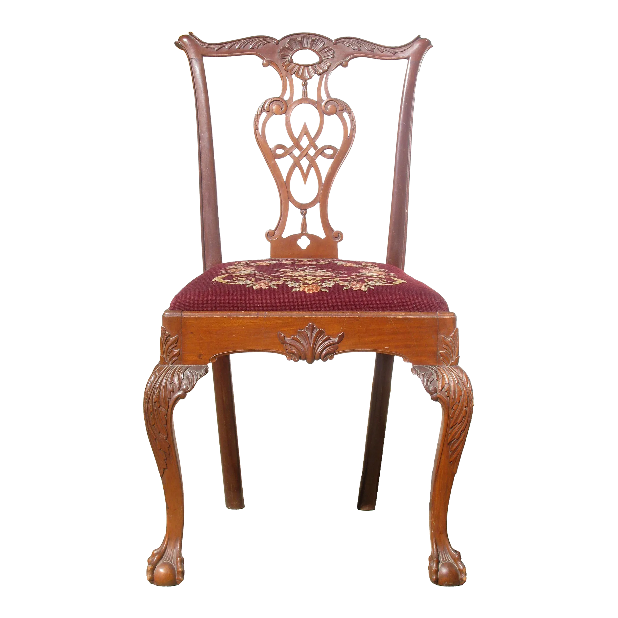 19th C. Antique English Chippendale Ball & Claw / Needlepoint Accent ...