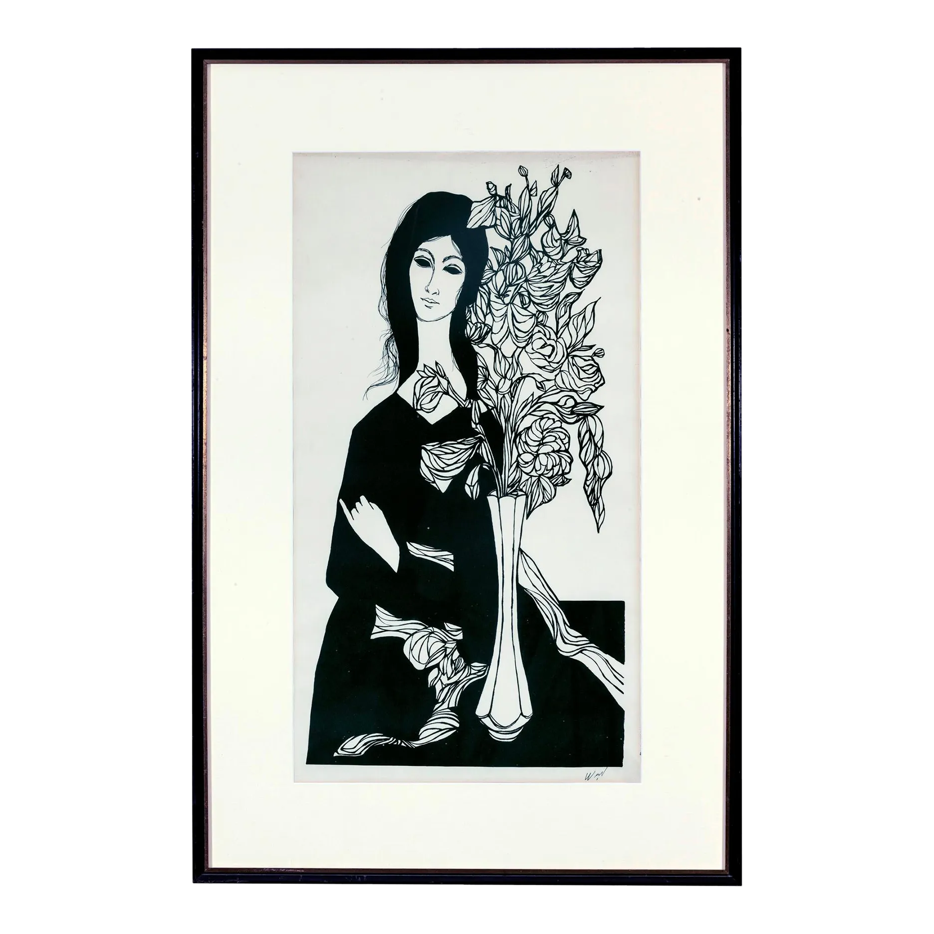 Framed Ink Drawing of Woman With Flowers | Chairish