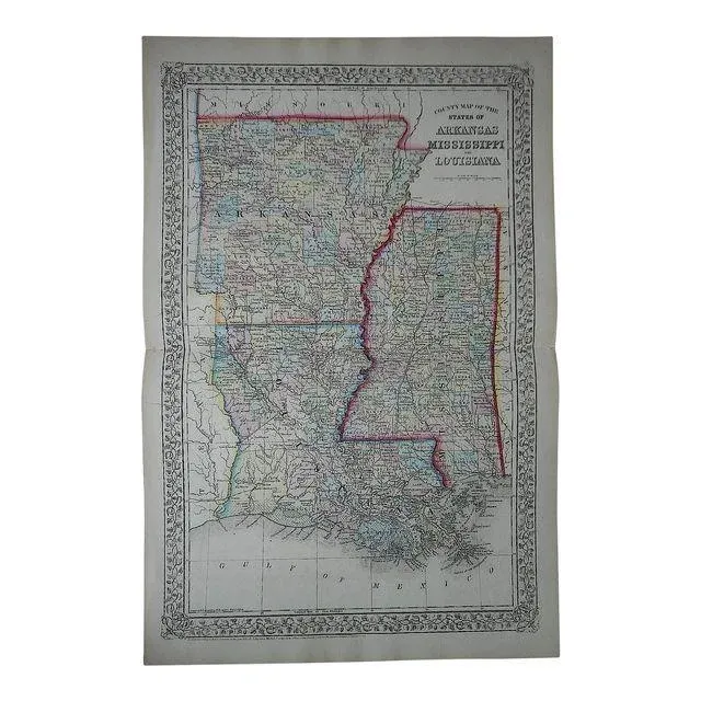 Antique Map of Arkansas, Mississippi, Louisiana | Chairish
