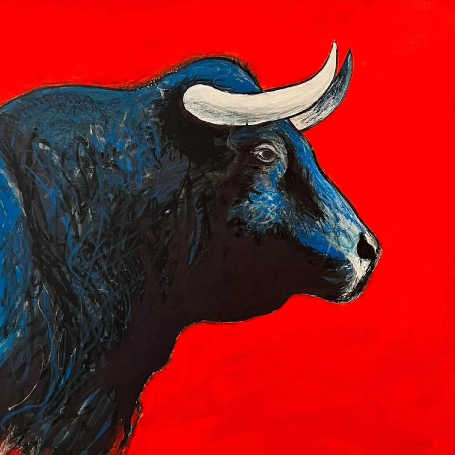 "Blue Bull Head 2 - Red" Contemporary Pop Art Animal Portrait Mixed ...