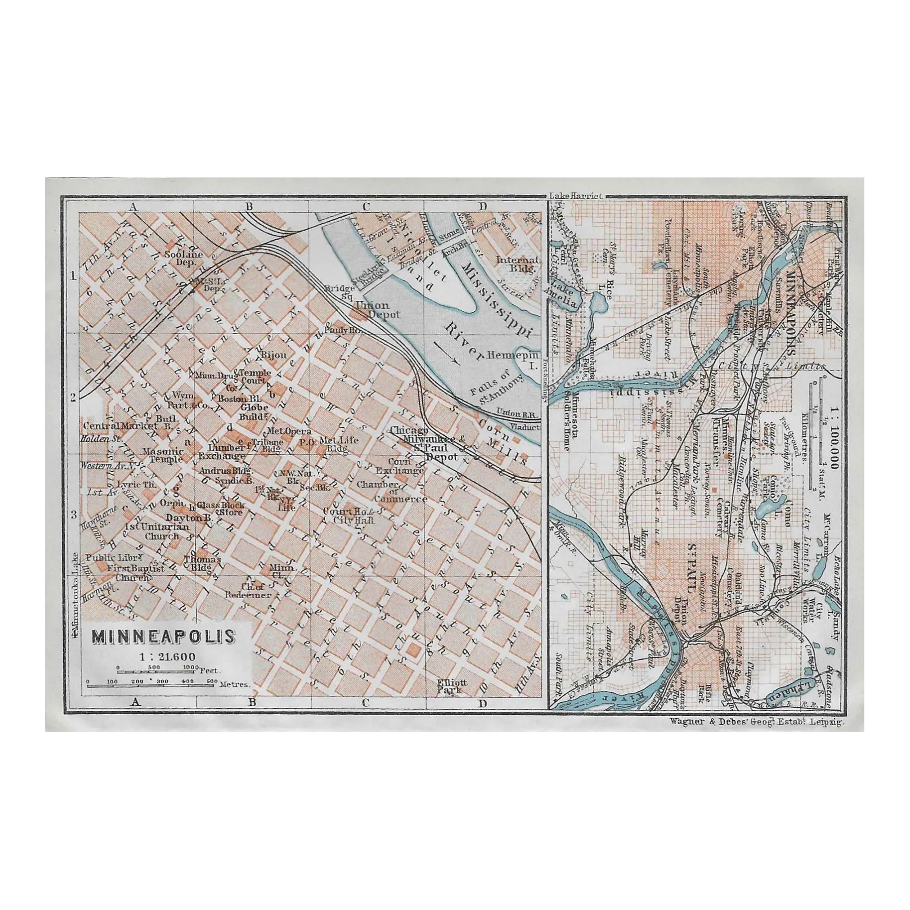 1909 Minneapolis & Twin Cities Antique Map | Chairish