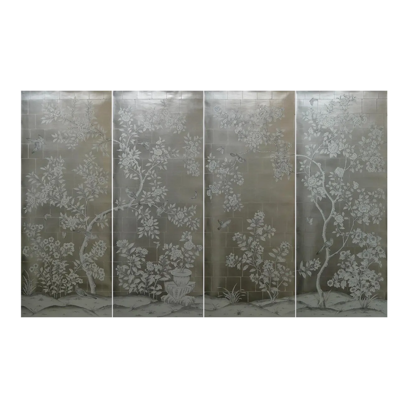 Chinoiserie Mural Hand Painted Wallpaper on Silver Metallic Panel - 4 ...