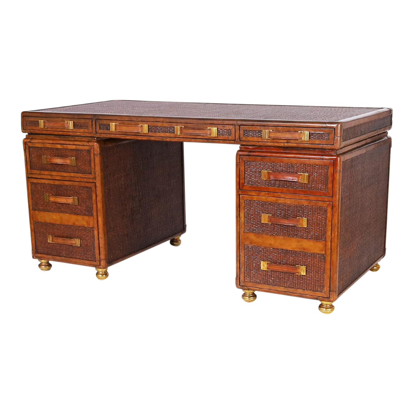 British Colonial Style Grasscloth and Mahogany Desk | Chairish
