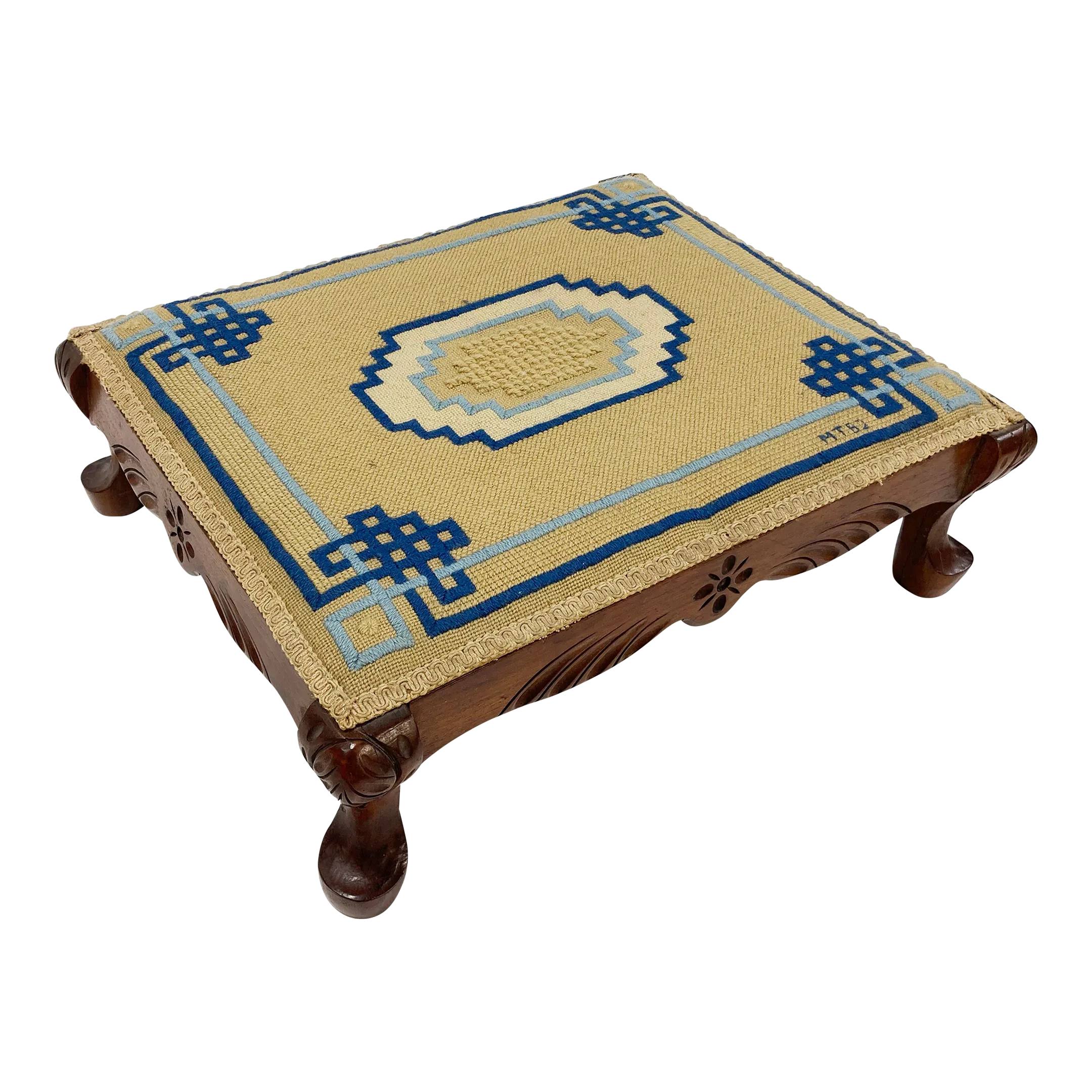 Vintage Needlepoint Carved Wood Footstool | Chairish