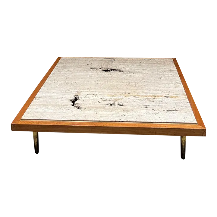 1960s Modern Low Profile Coffee Table Travertine Mahogany & Brass Legs ...