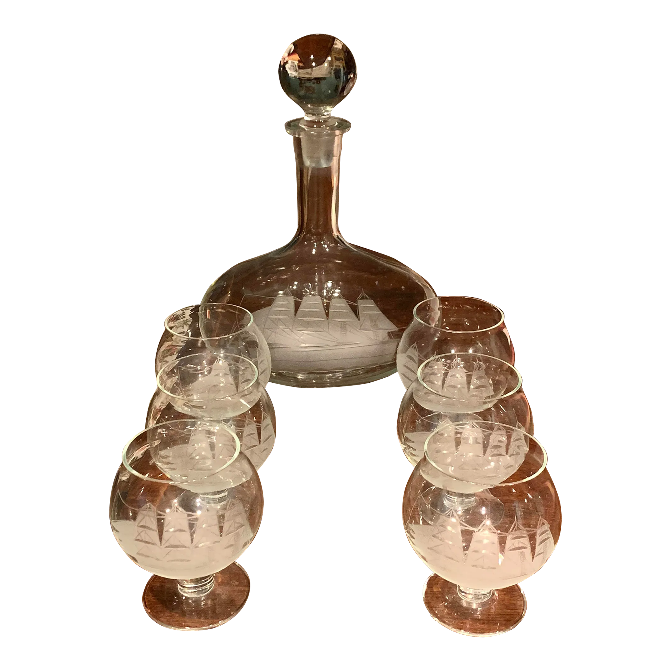 Vintage Etched Glass Clipper Ship Brandy Decanter Set | Chairish