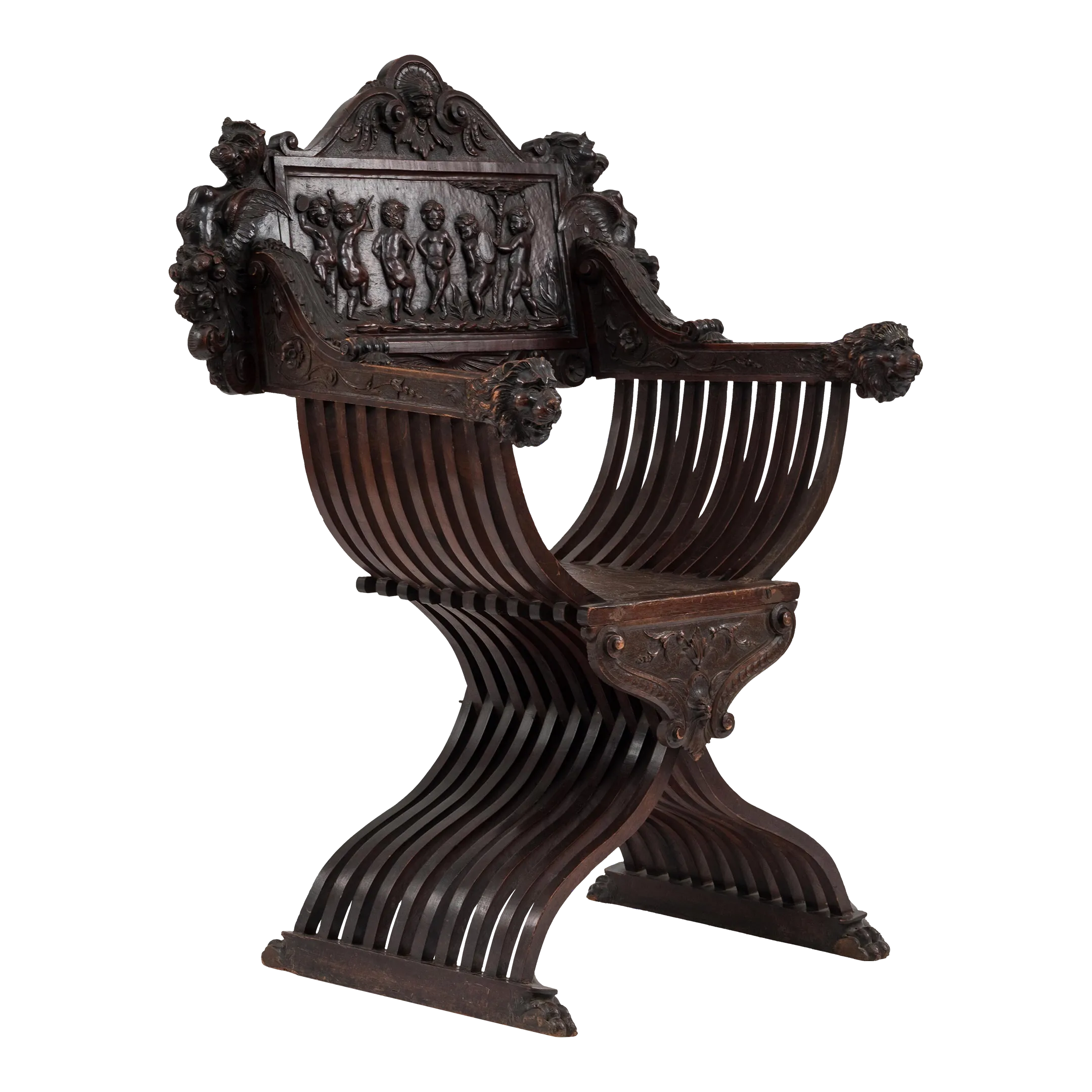 Italian Renaissance Carved Walnut Savonarola Armchair | Chairish