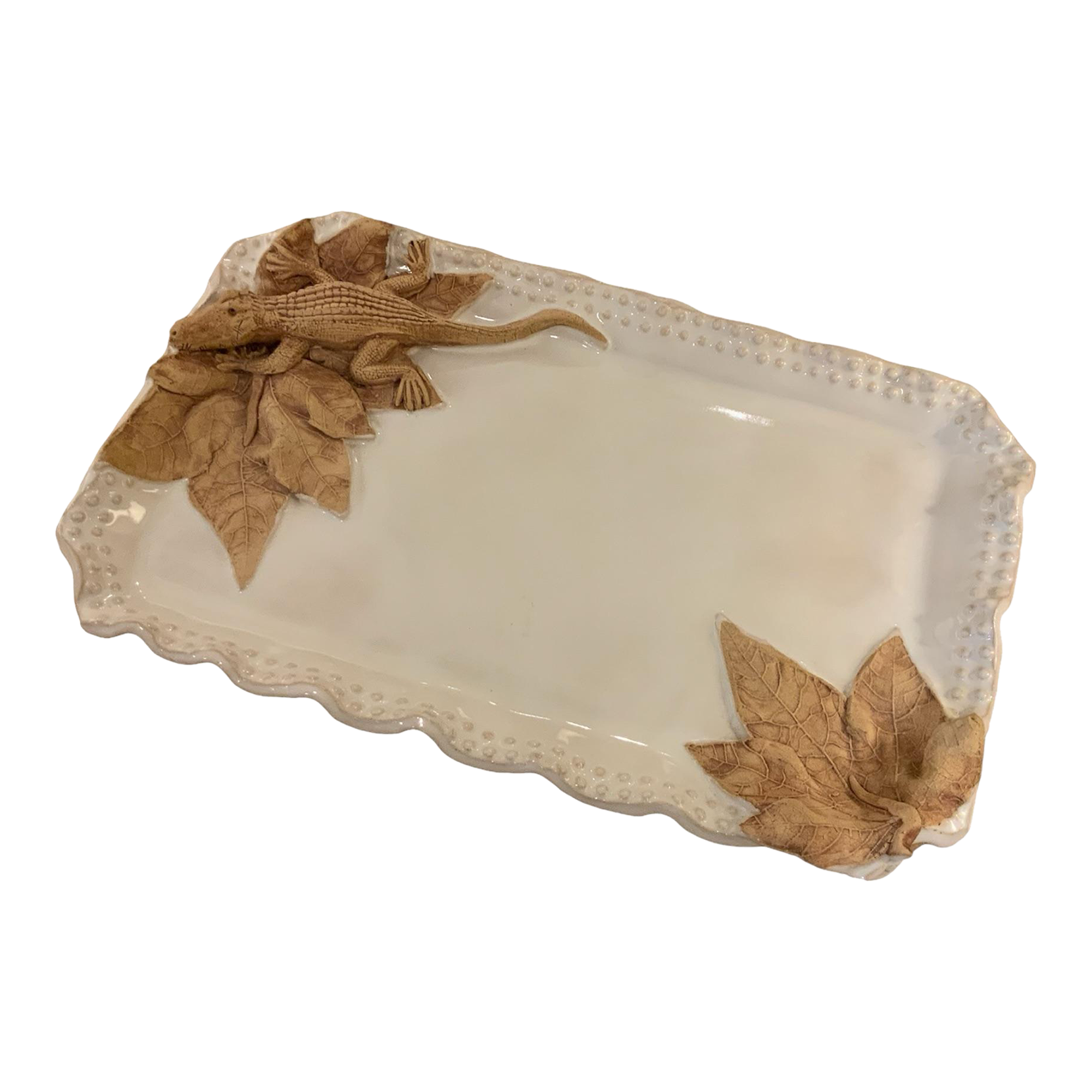Handmade White Tray With Clay Alligator and Leaves | Chairish