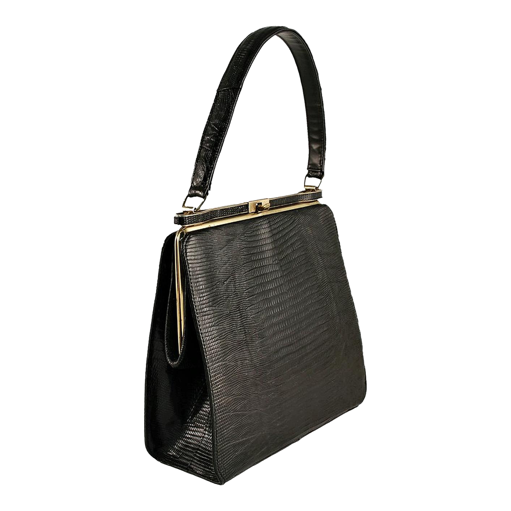 Vintage Black Structured Genuine Lizard Kelly Purse | Chairish