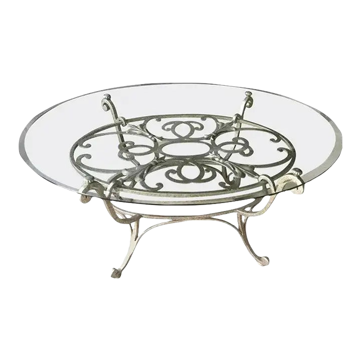 1980s Vintage Fleur De Lis Silver Painted Iron & Glass Oval Coffee ...