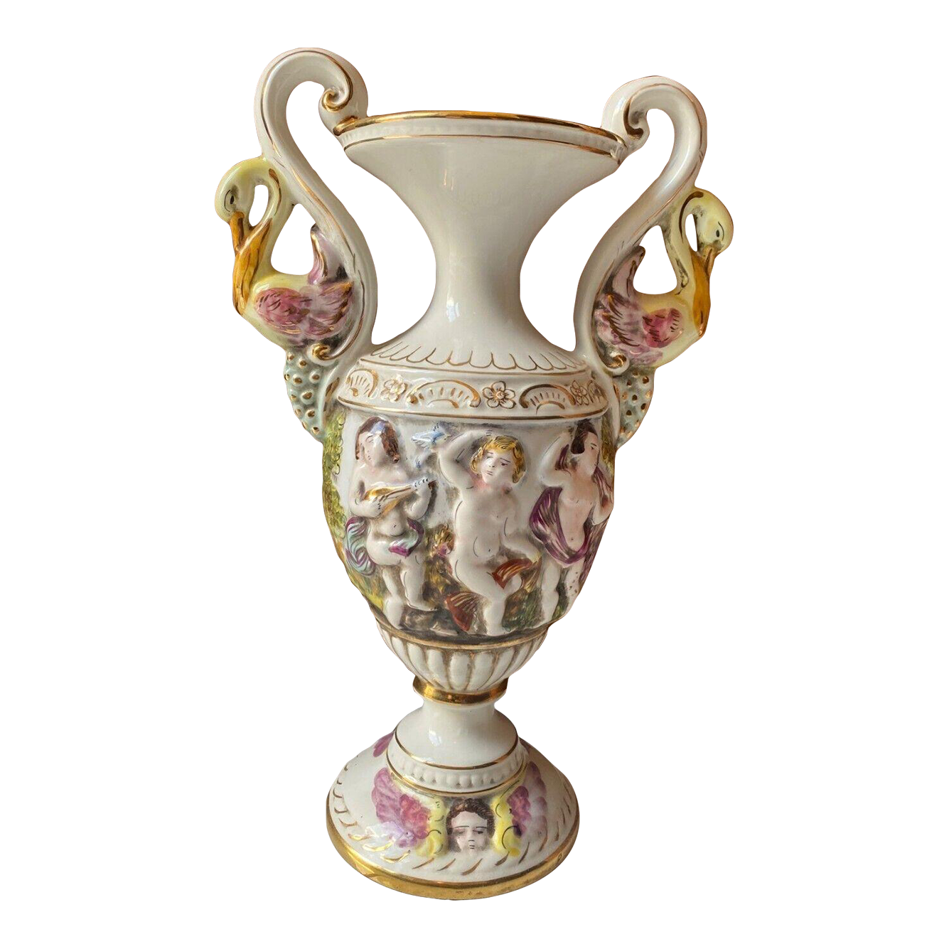 Mid 20th Century Vintage Capodimonte Porcelain Vase Cherubs Satyrs Swan ...