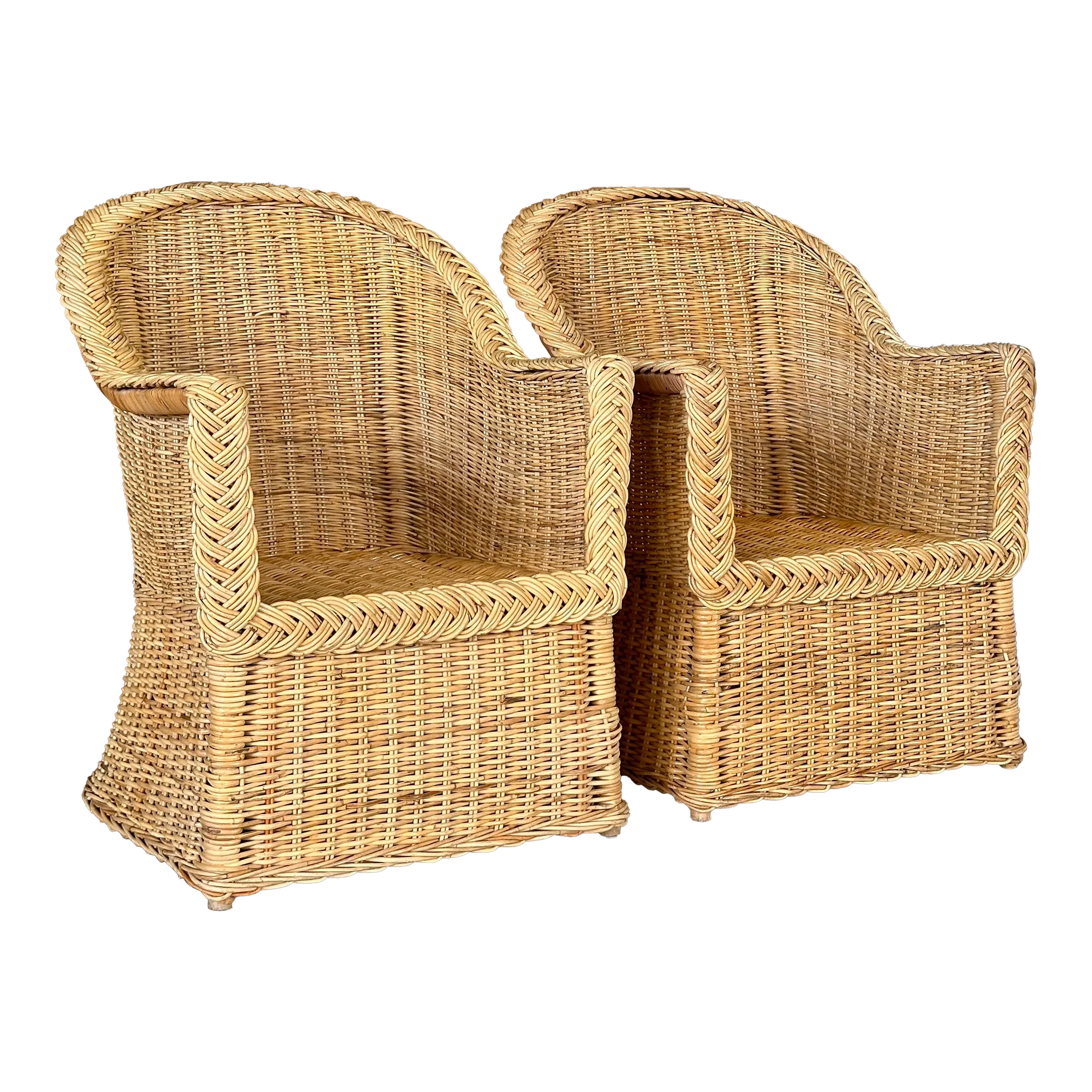Coastal Organic Modern Large Braid Rattan Side Arm Chairs by Wicker Works-Pair | Chairish