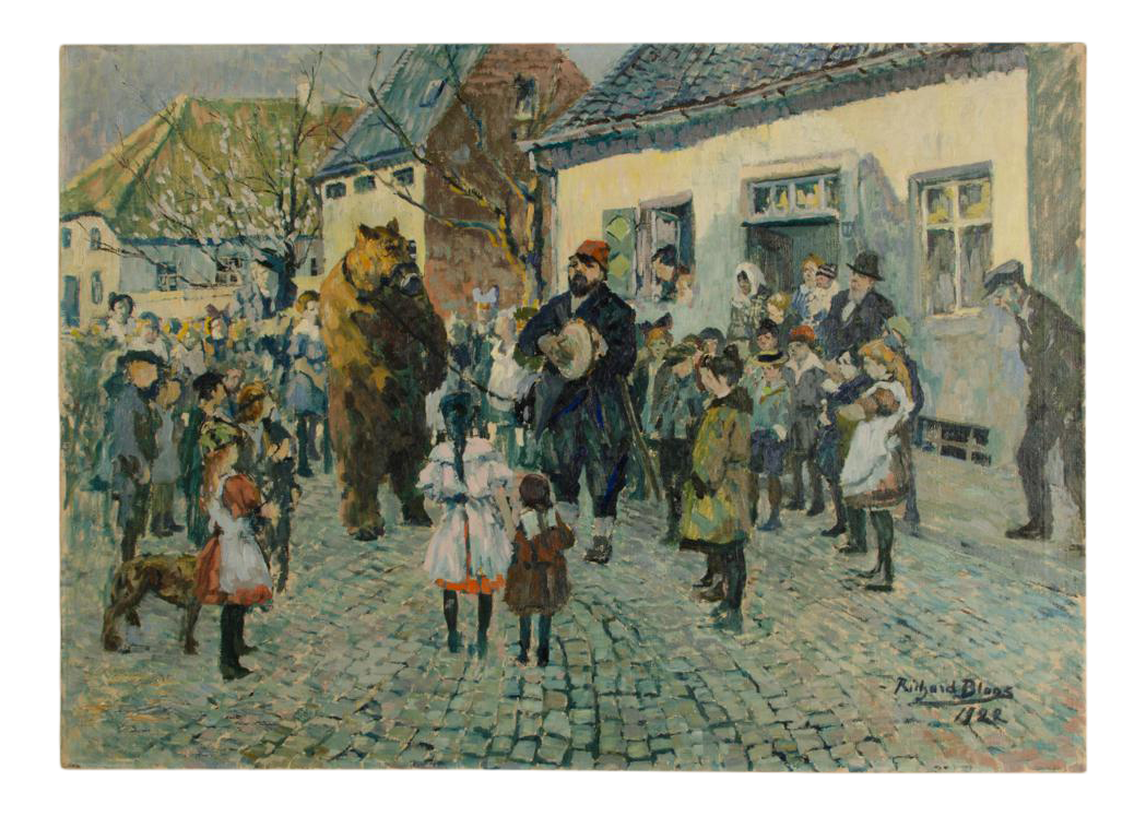1920s "Performing Bear" Rustic European Village Scene Oil Painting by ...