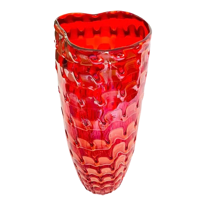 1970s Red Murano Pinched Glass Vase | Chairish