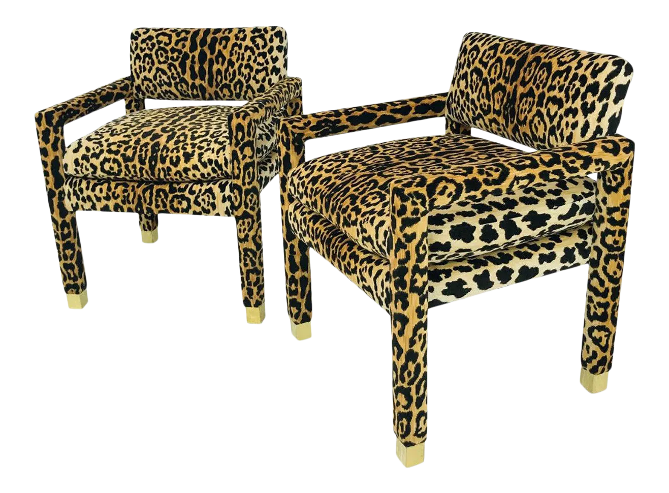 Leopard Parsons Chairs with Brass Sabots, Custom - a Pair | Chairish