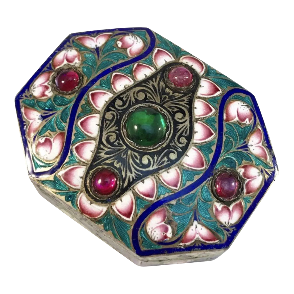 19th C. Indian Enamel Sterling Silver Box India Mughal Gilt Gems Enamel ...