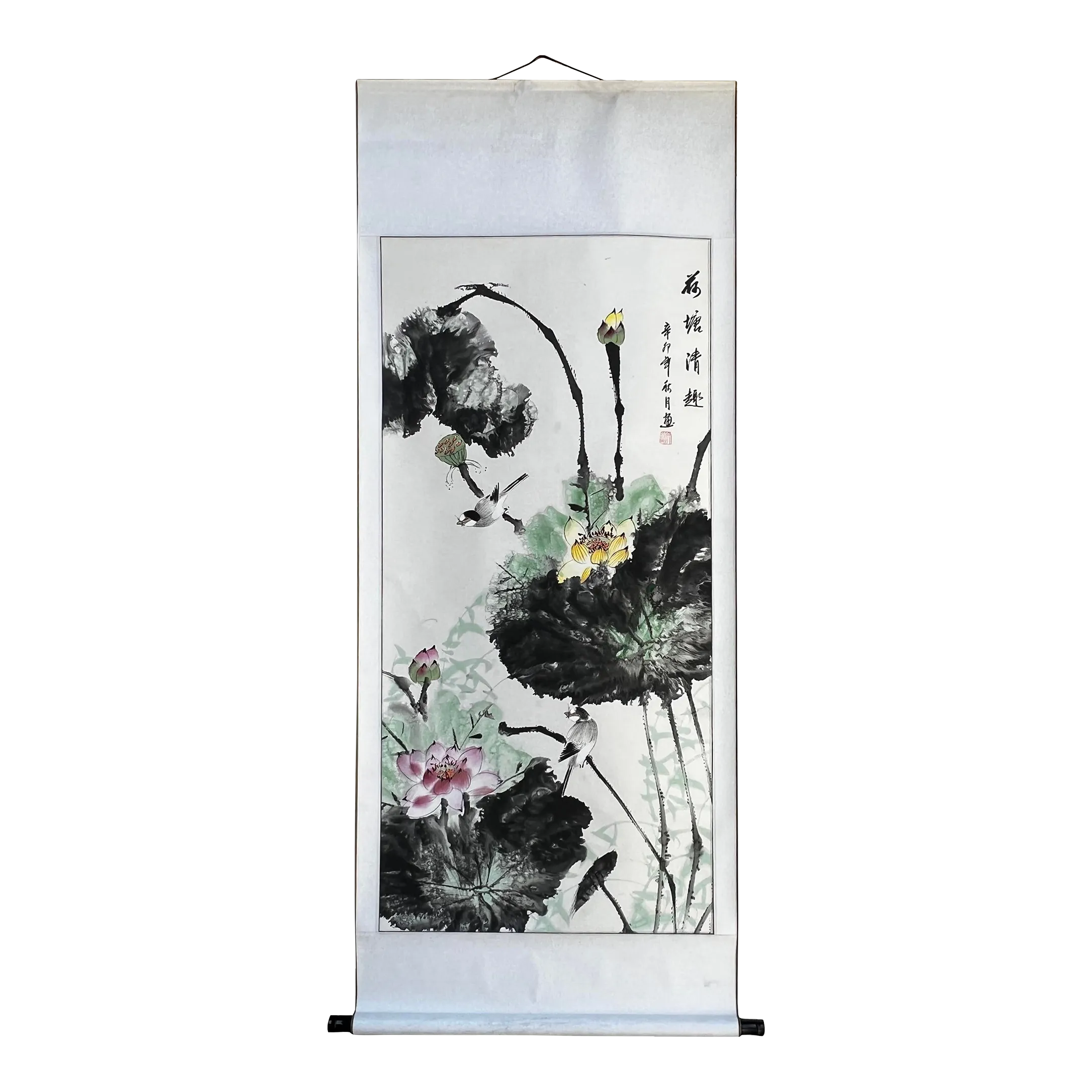 Chinese Color Ink Water Lotus Flowers Leaves Scroll Painting Wall Art ...