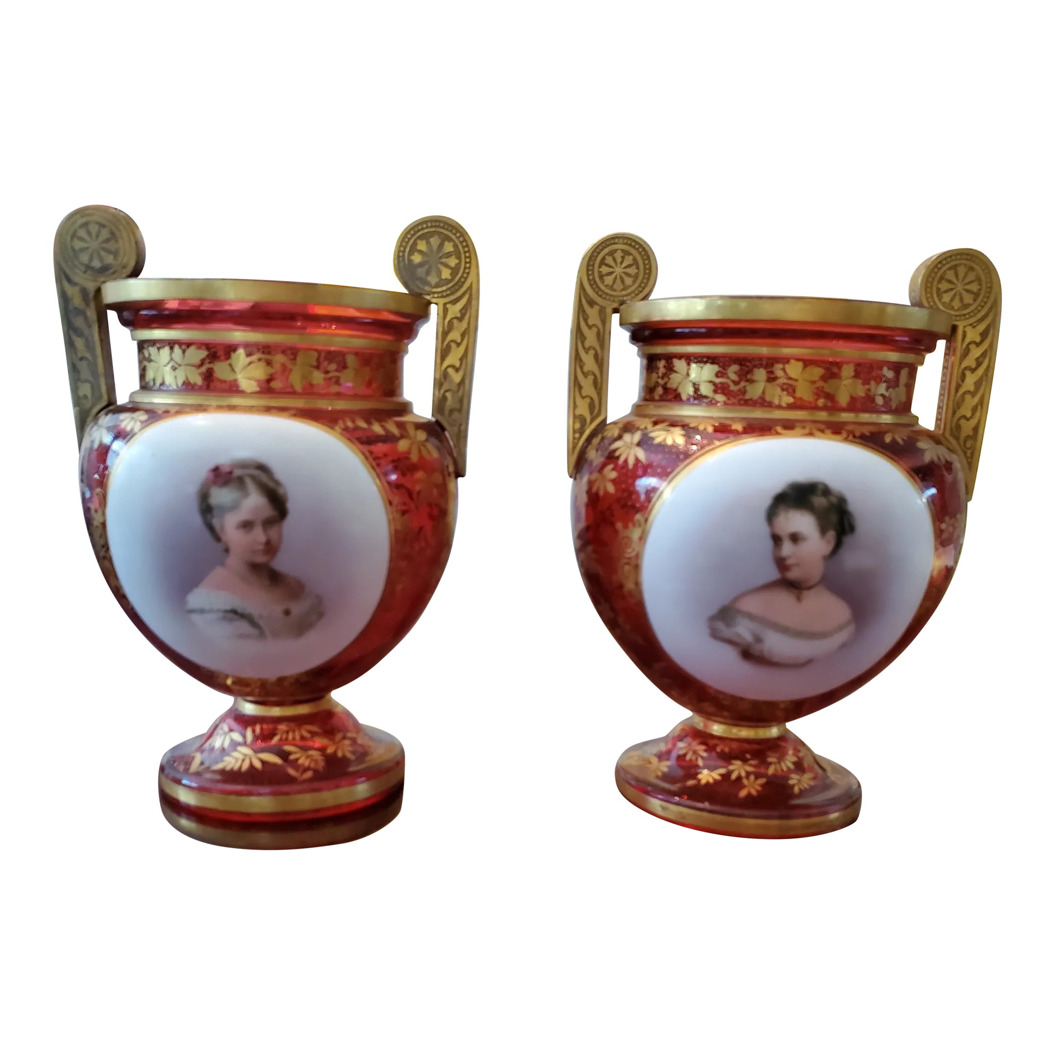 Antique Bohemian Glass Moser Ruby Urns Plaque Decor- a Pair | Chairish