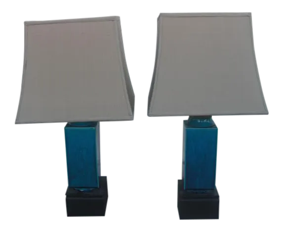 Vintage Blue Rectangular Ceramic Lamps With Asian Floral Etched Design ...