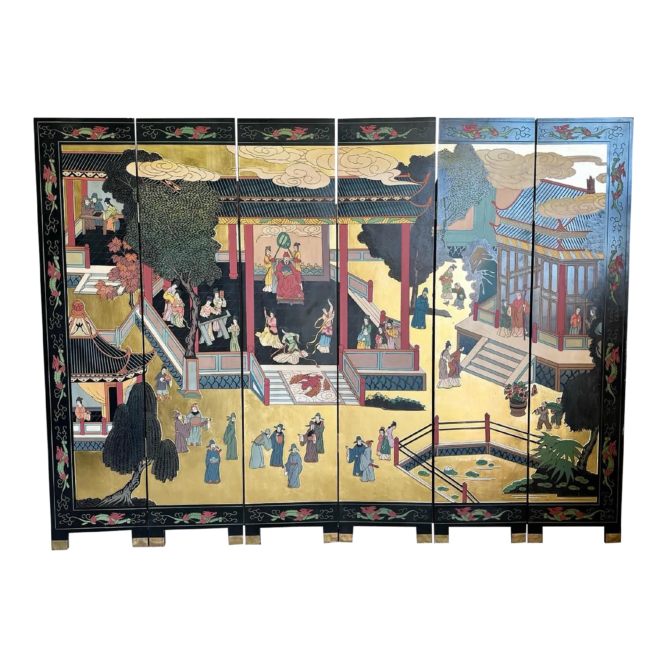 Vintage Chinese Hand Carved and Painted Gold and Black Room Divider ...