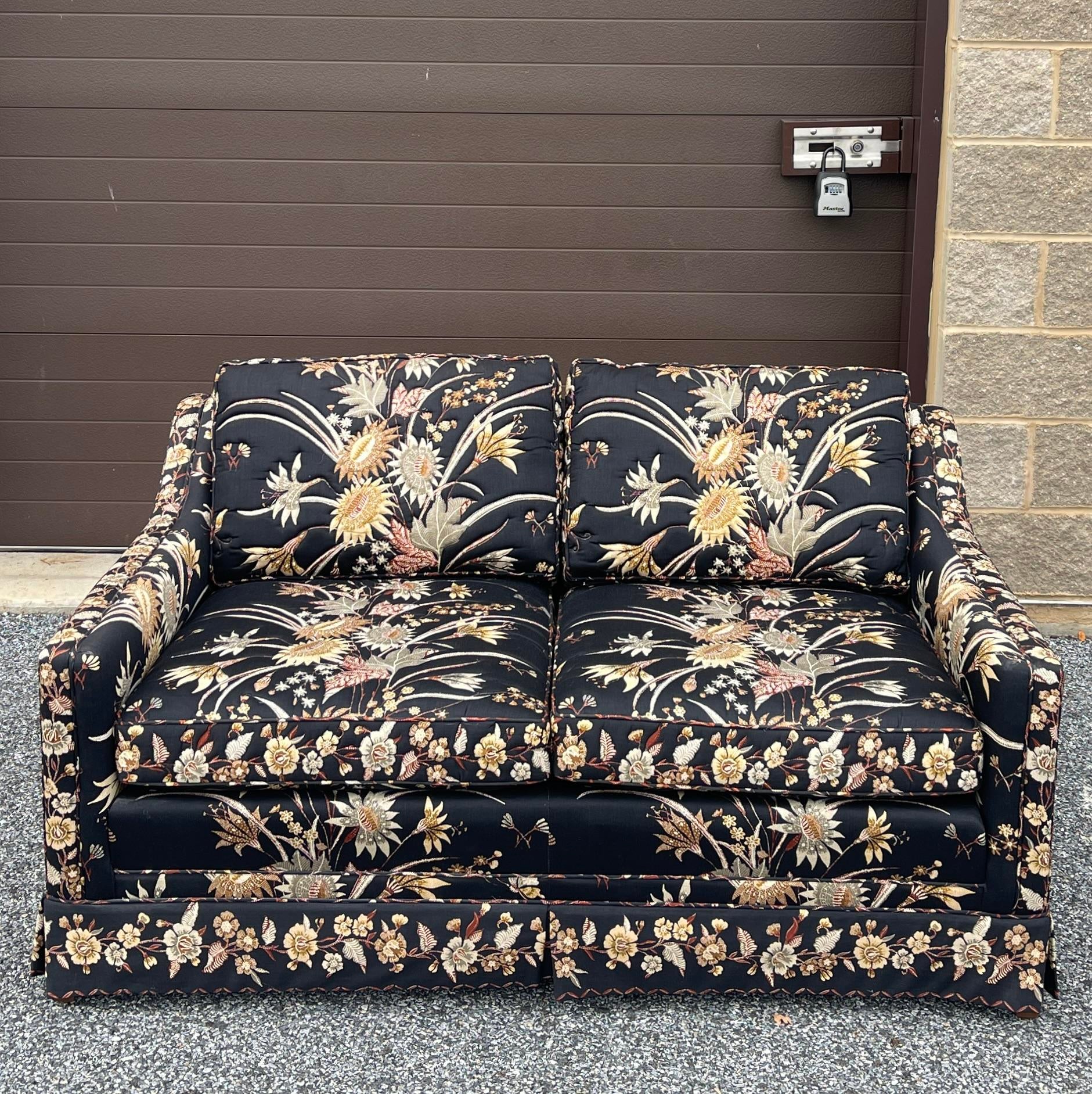 Vintage Ethan Allen Loveseat in Black Quilted Floral Upholstery
