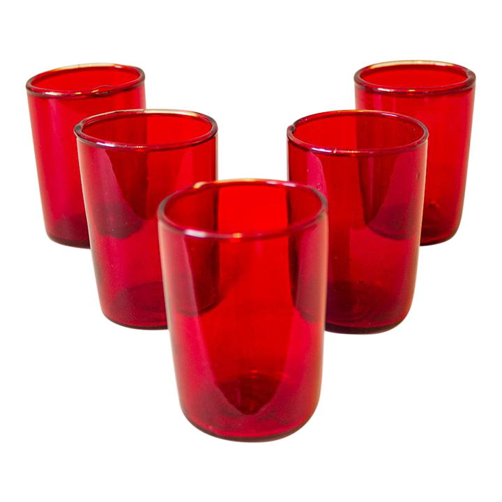 Vintage Red Handblown Shot Glasses- Set of 5 | Chairish