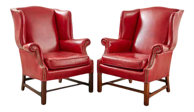 English Georgian Style Ruby Red Leather Wingback Chairs - a Pair | Chairish