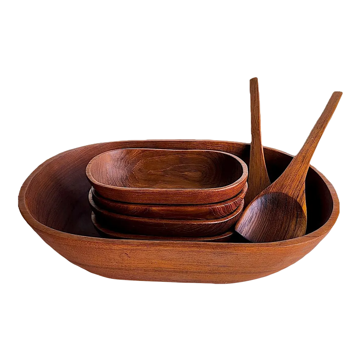 1970s Teak Wood Large Oval Salad Bowl Set, 7 Pieces | Chairish