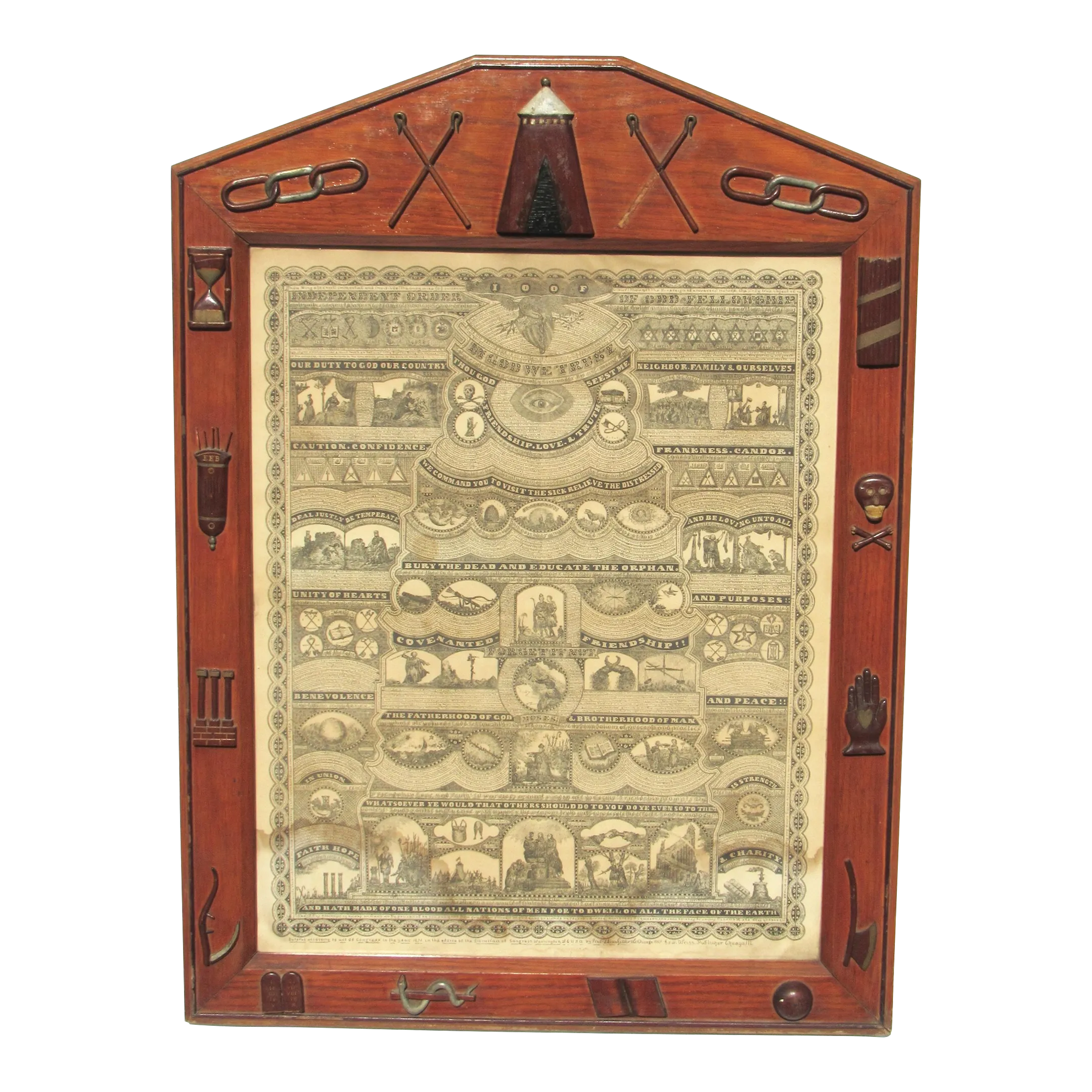1874 American Folk Art Frame Hand Carved Symbols Fraternal Order Odd ...