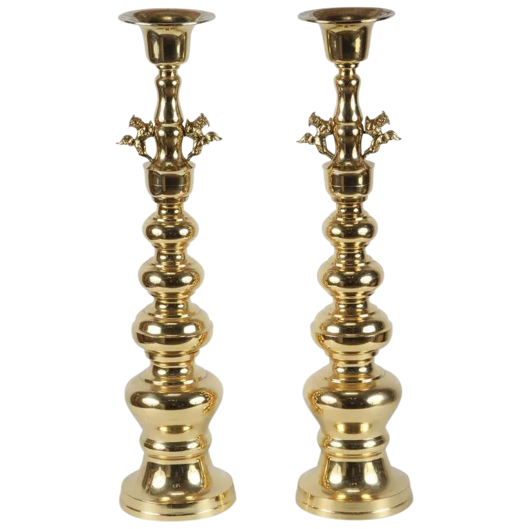 Large Chinese Polished Brass Candlesticks - a Pair | Chairish