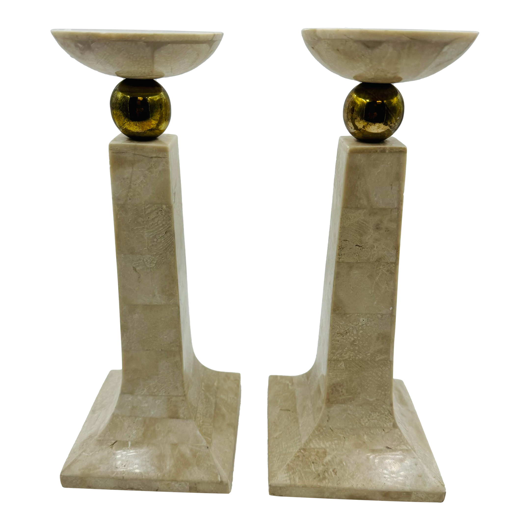 Vintage Tessellated Stone Candlesticks/A Pair | Chairish