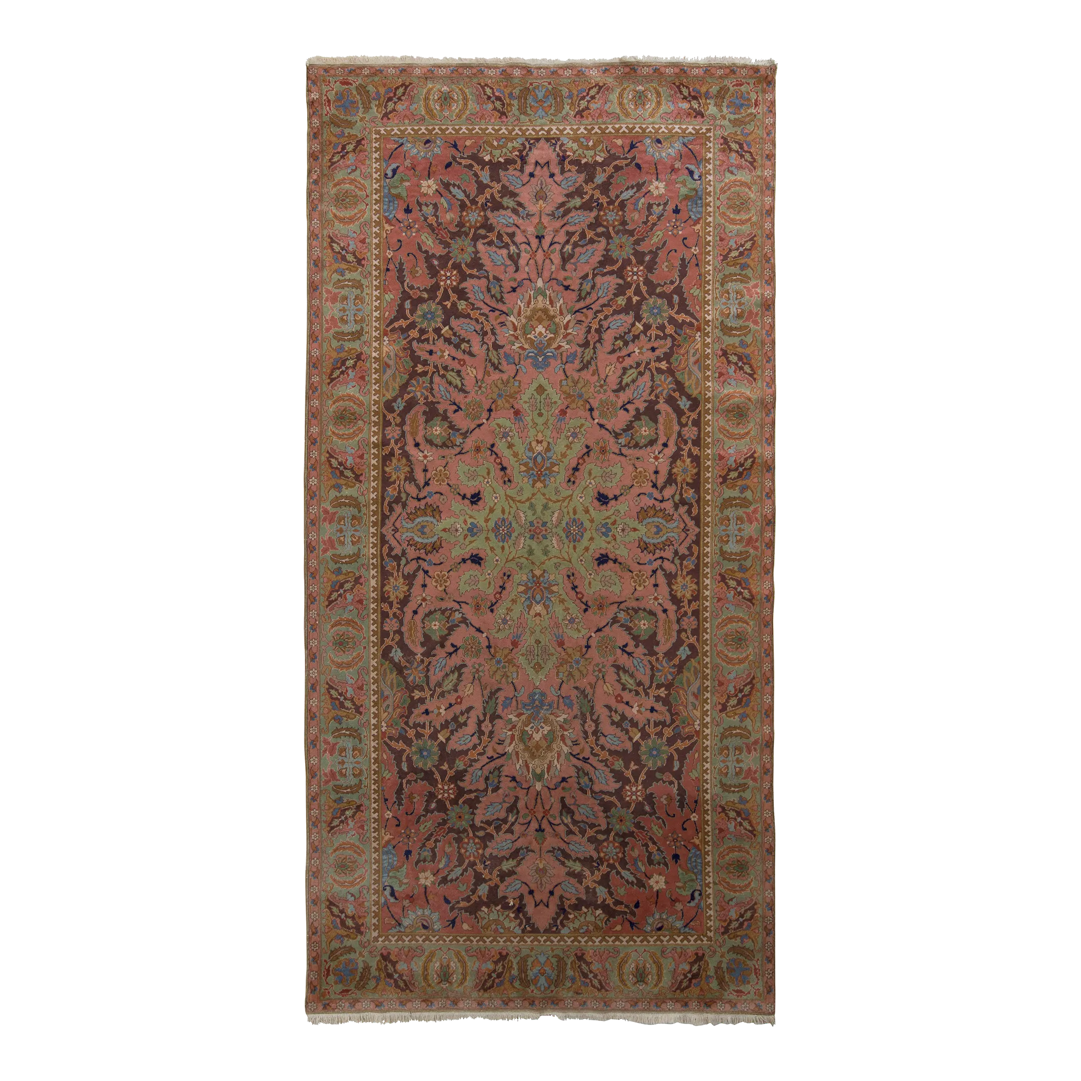 Hand-Knotted Antique Polonaise Rug in Pink and Green Floral Medallion ...