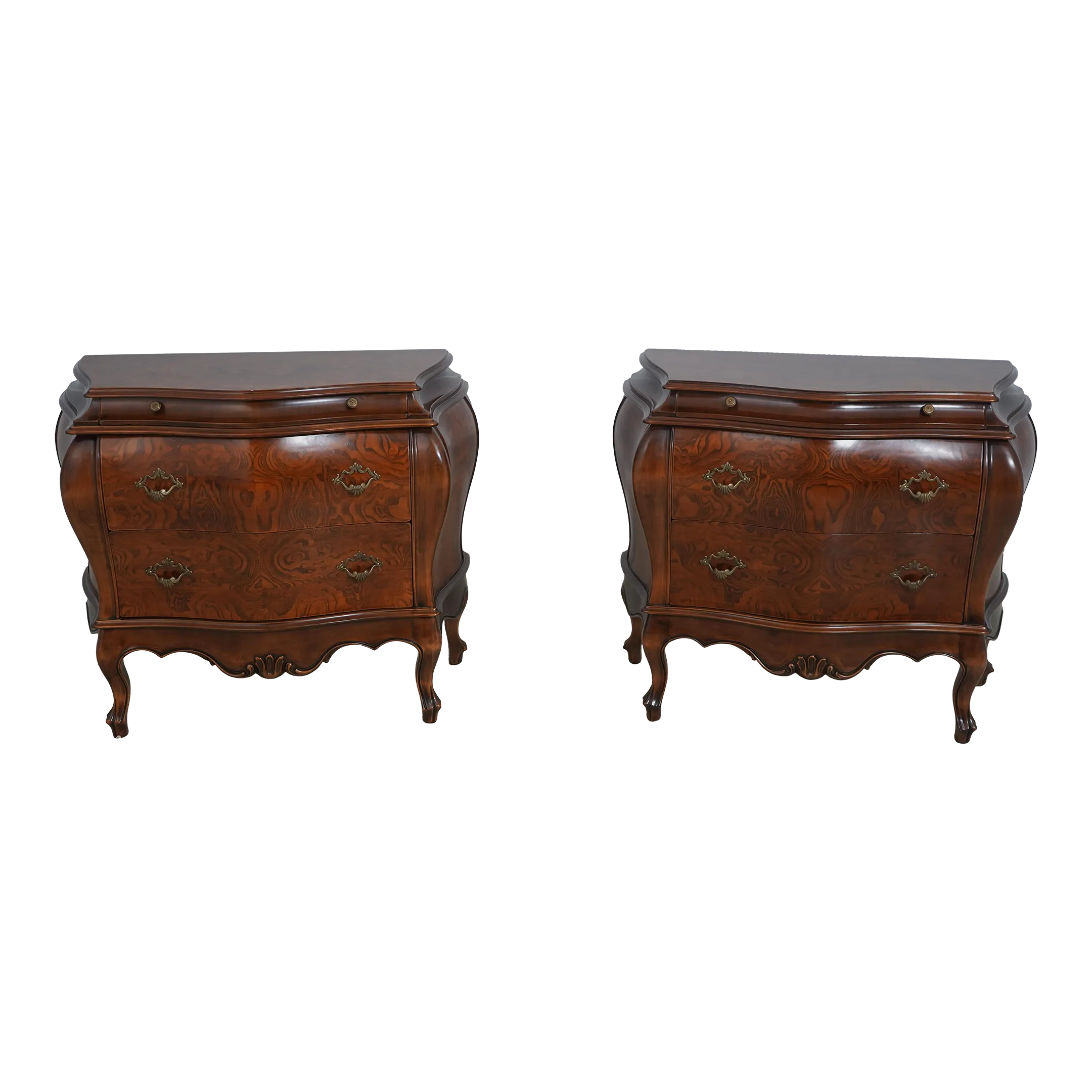 Pair Decorative Crafts Italian Burl Walnut Commodes | Chairish