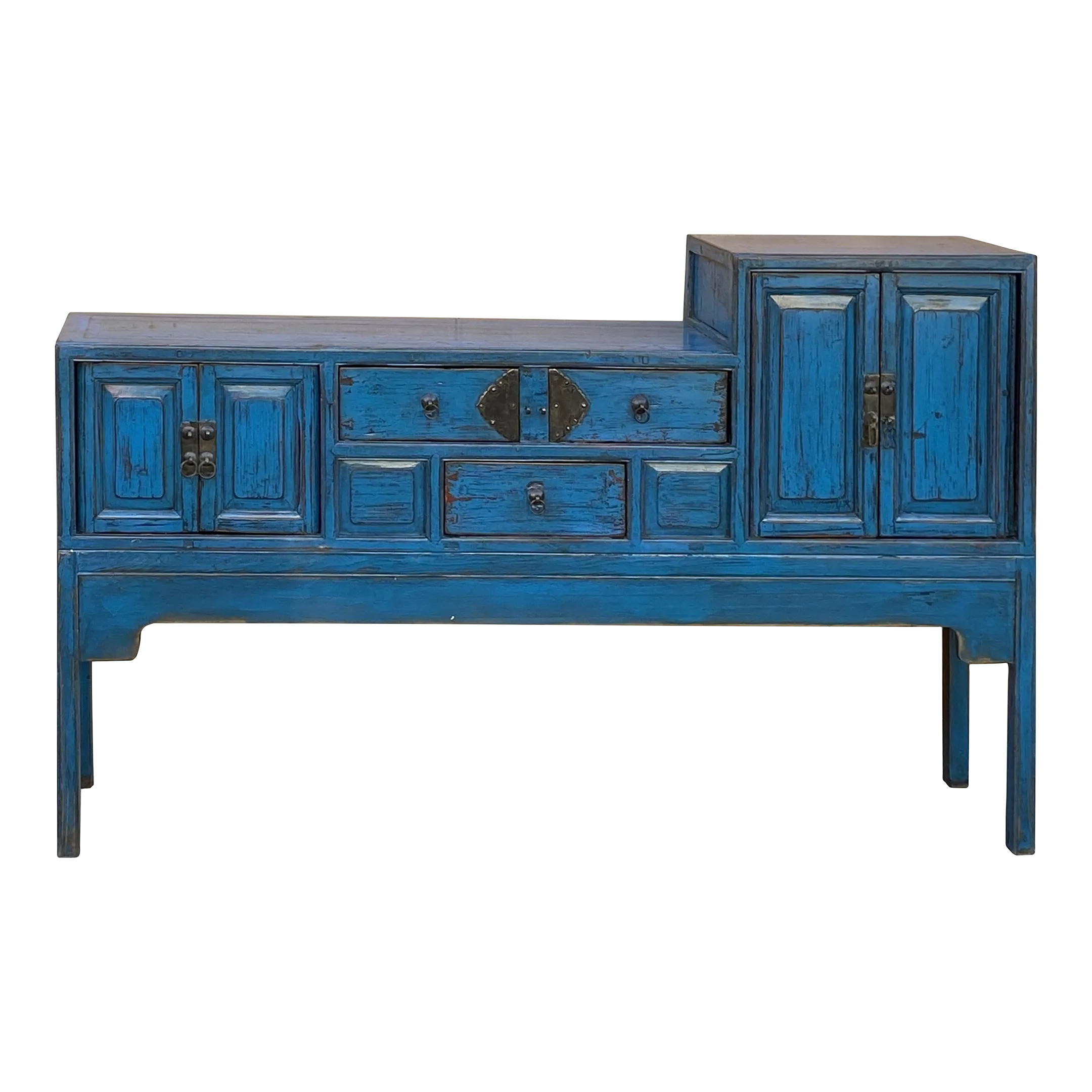 Vintage Chinese Distressed Bright Blue Drawers Foyer Narrow Side Table ...