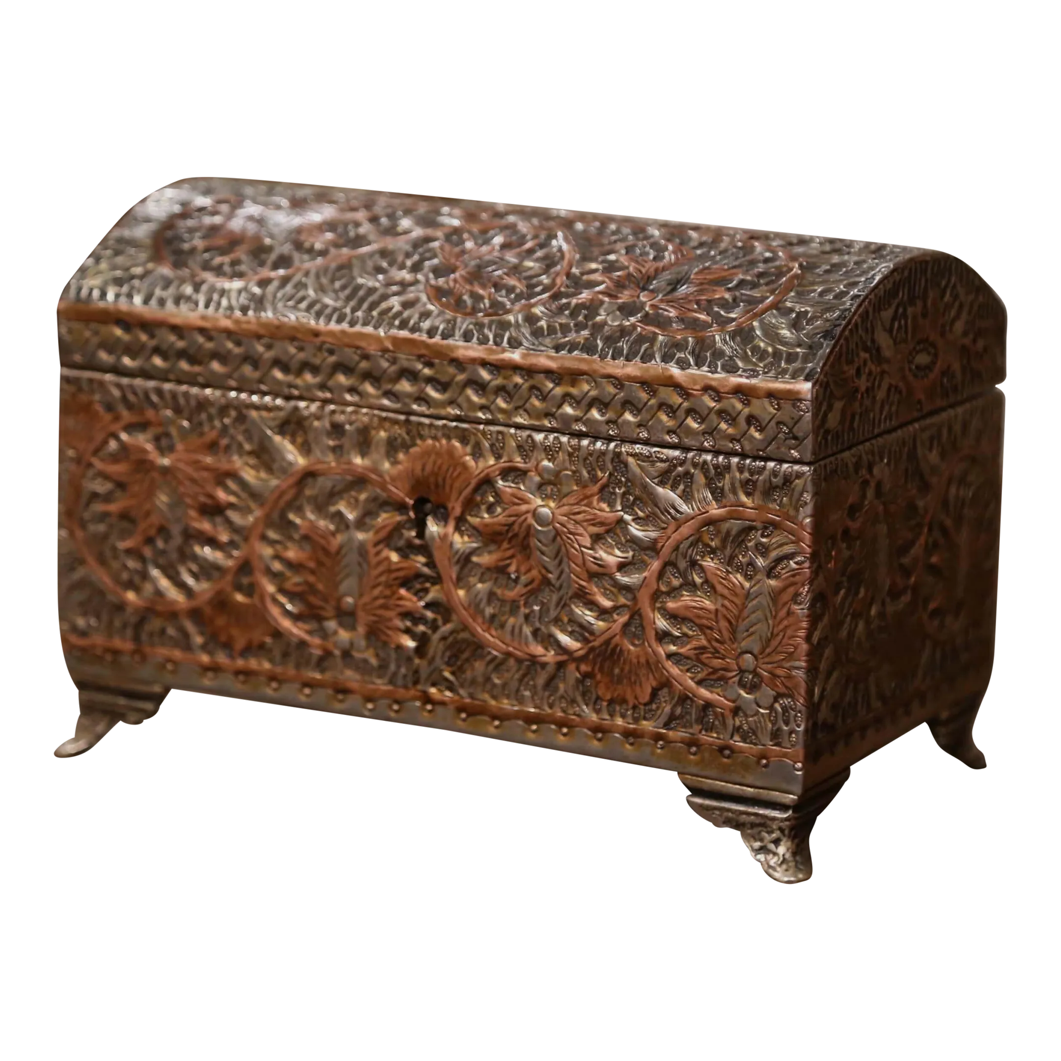 19th Century French Gothic Brass & Copper Jewelry Box With Repousse ...