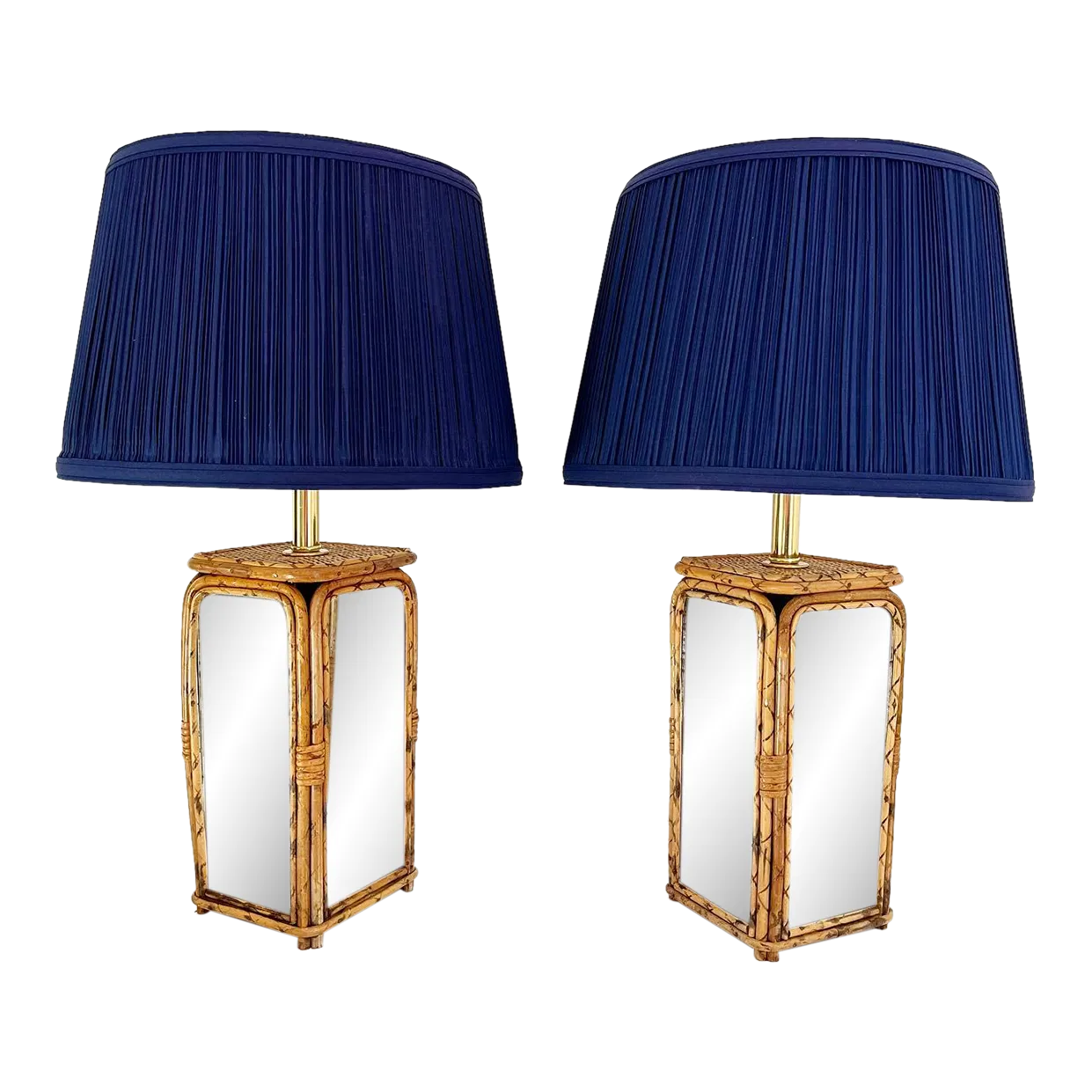 1960s Mirrored Bamboo Lamps & Shades - a Pair | Chairish