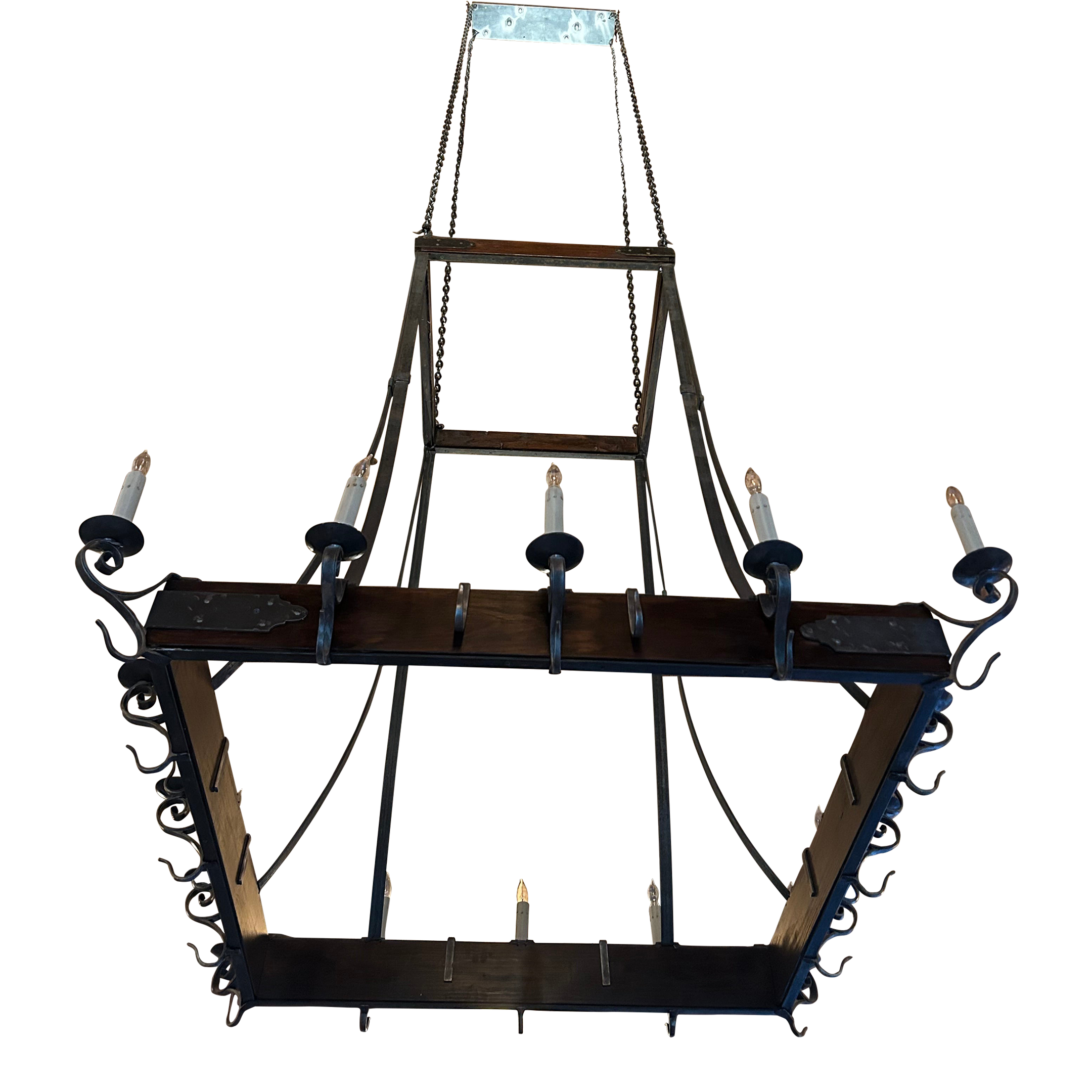 Custom 2000s Iron and Wood Pot Rack Chandelier | Chairish