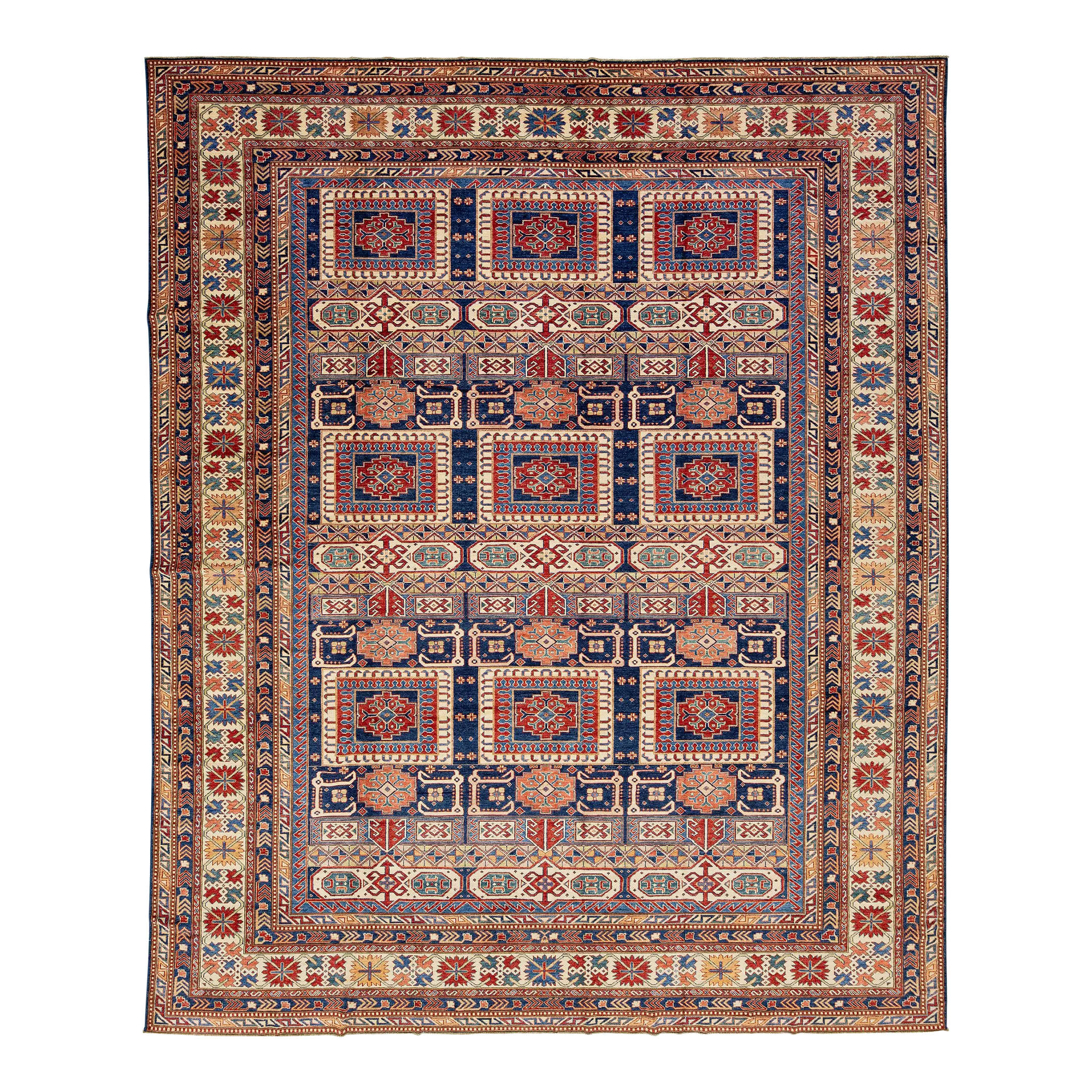 Modern Kazak Handmade Wool Rug in Blue and Red With Allover Design ...