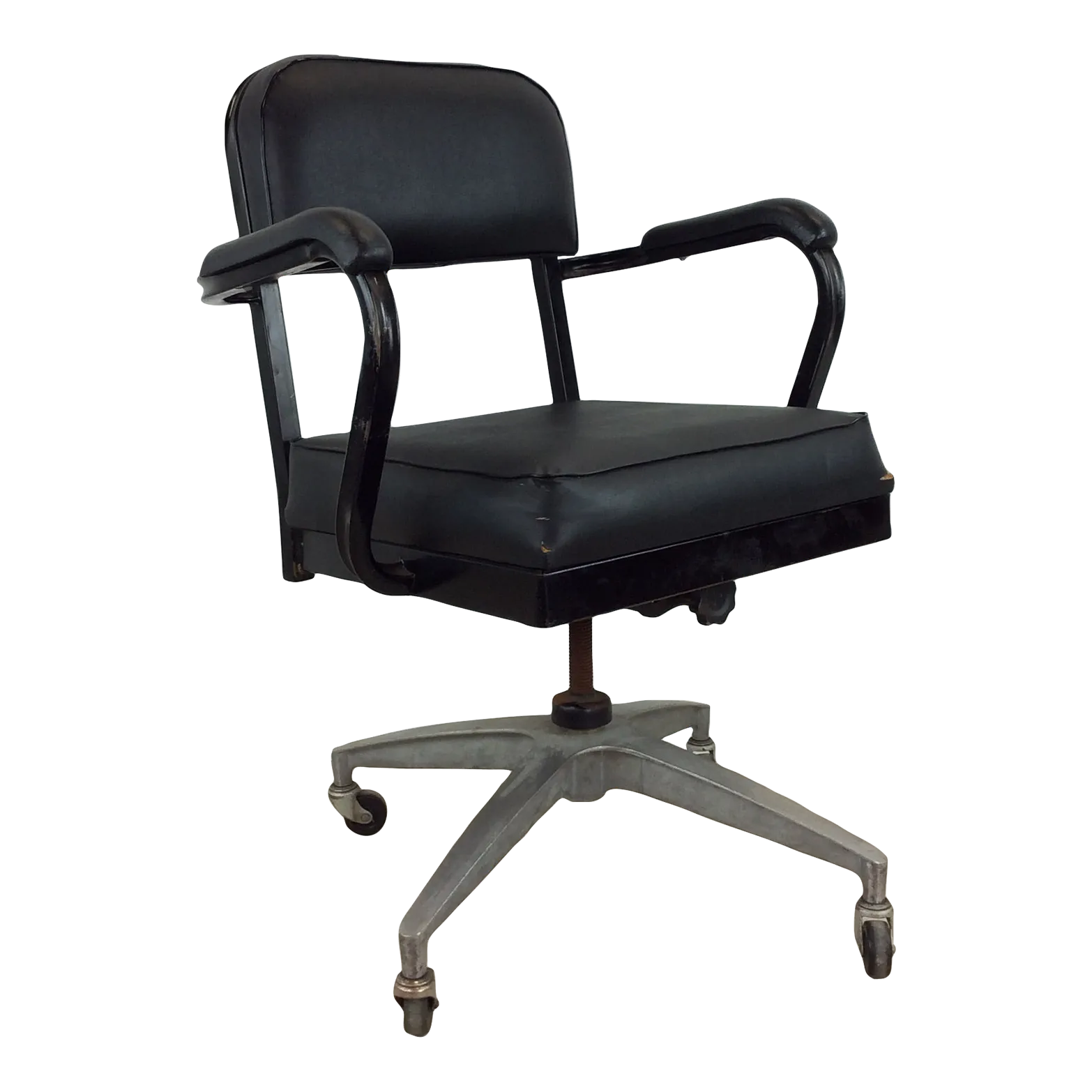 Mid Century Industrial Style Black Vinyl Wheeled Office Chair | Chairish