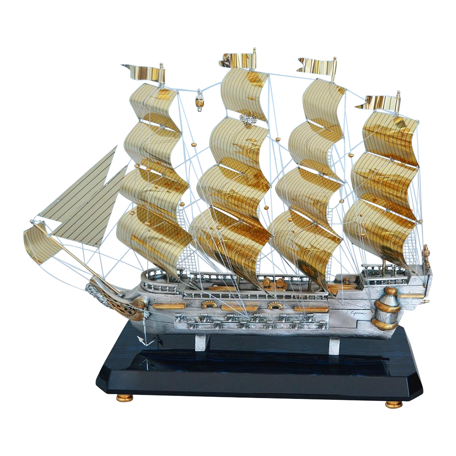 Spanish Vessel With Silver & Gold Sails on Blue Marble | Chairish