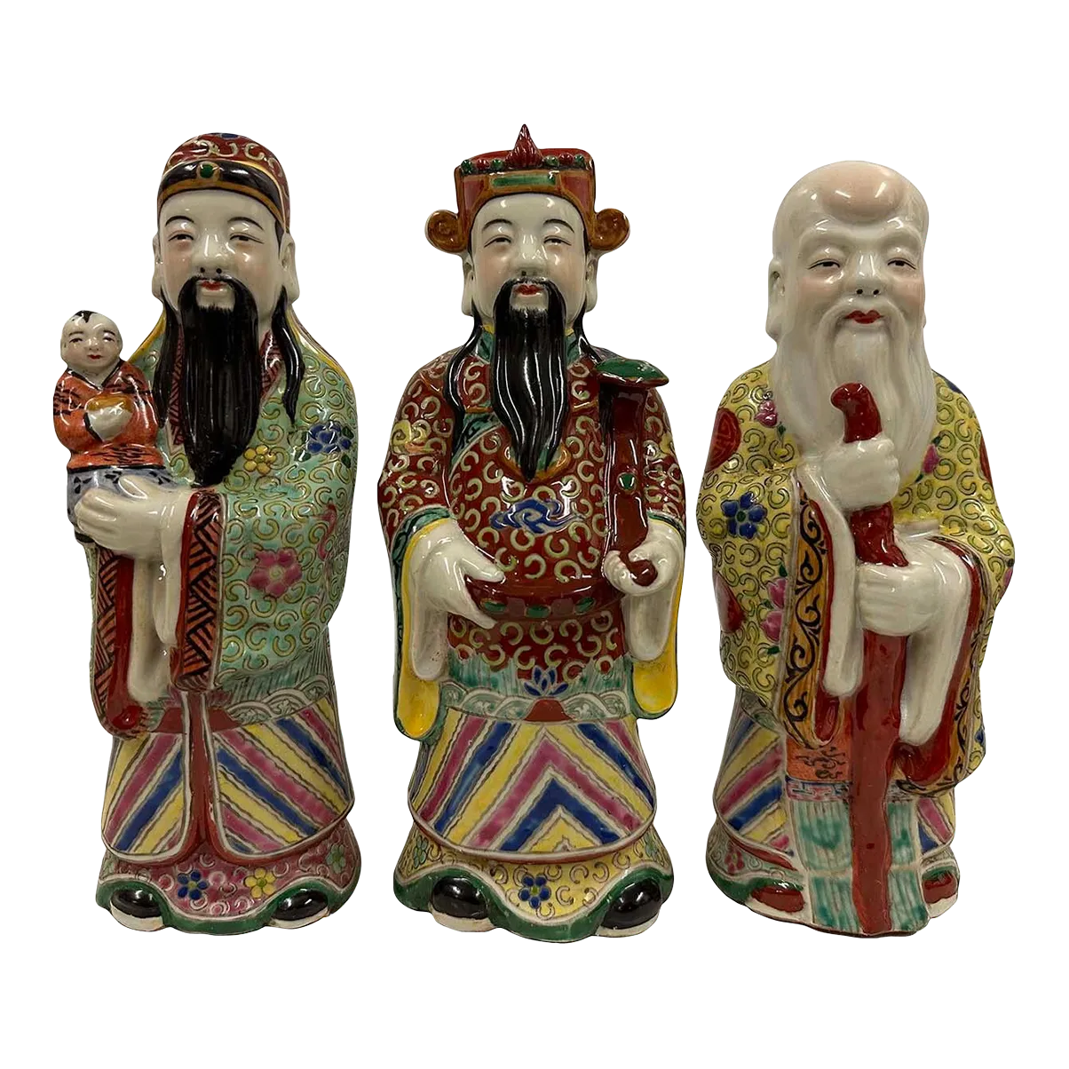Early 20th Century Chinese Fu Lu Shou Feng Shui Trio Gods Figurines ...