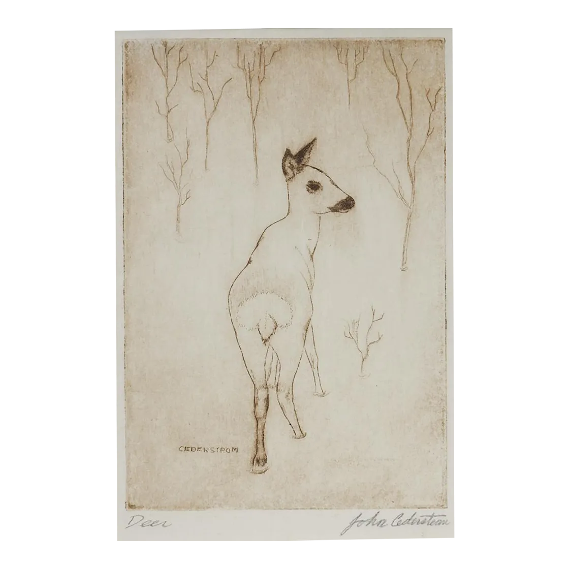 Mid 20th Century Sepia Toned Deer Etching | Chairish