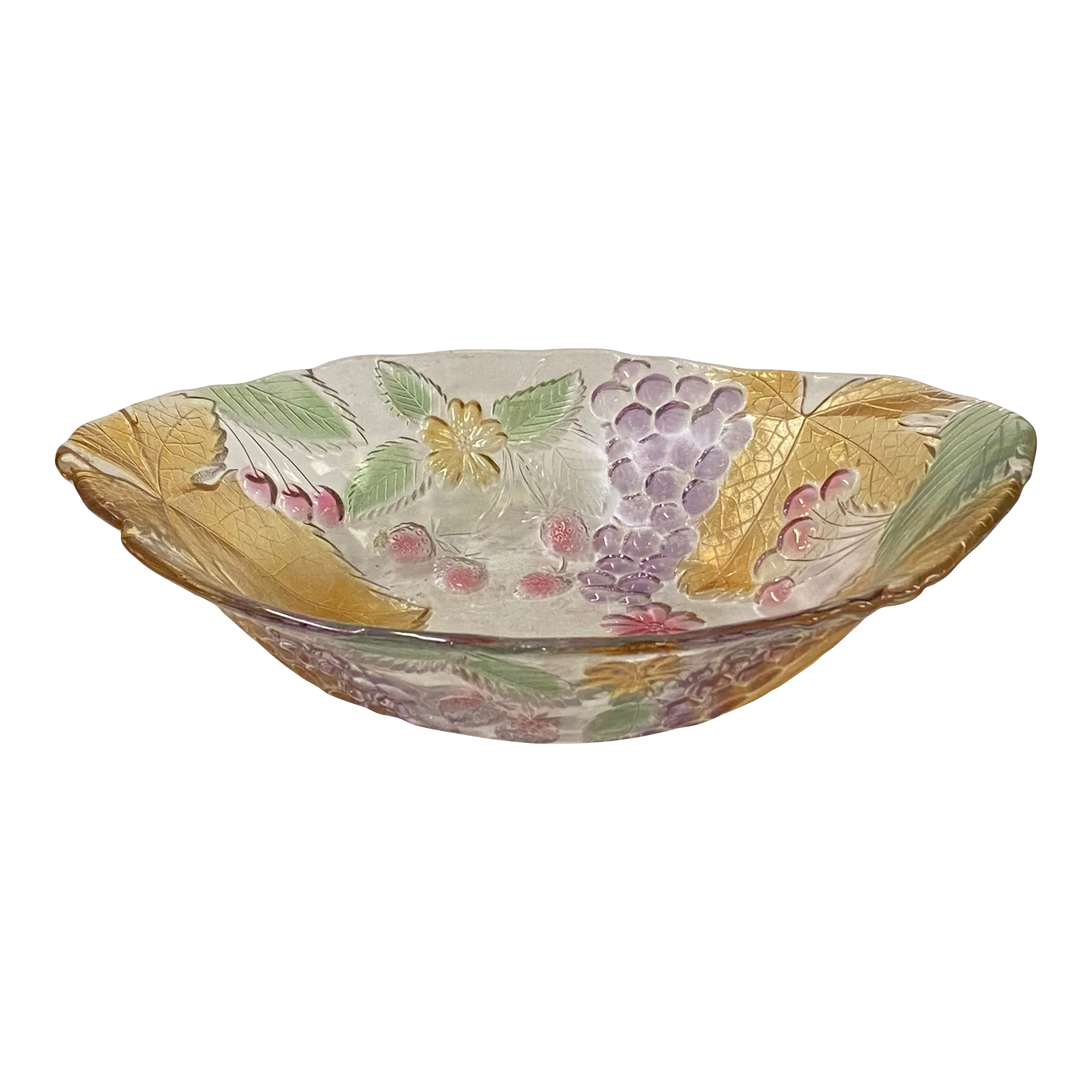 Classic Vintage Oval Grapes Motif Glass Flat Bowl Display | Chairish