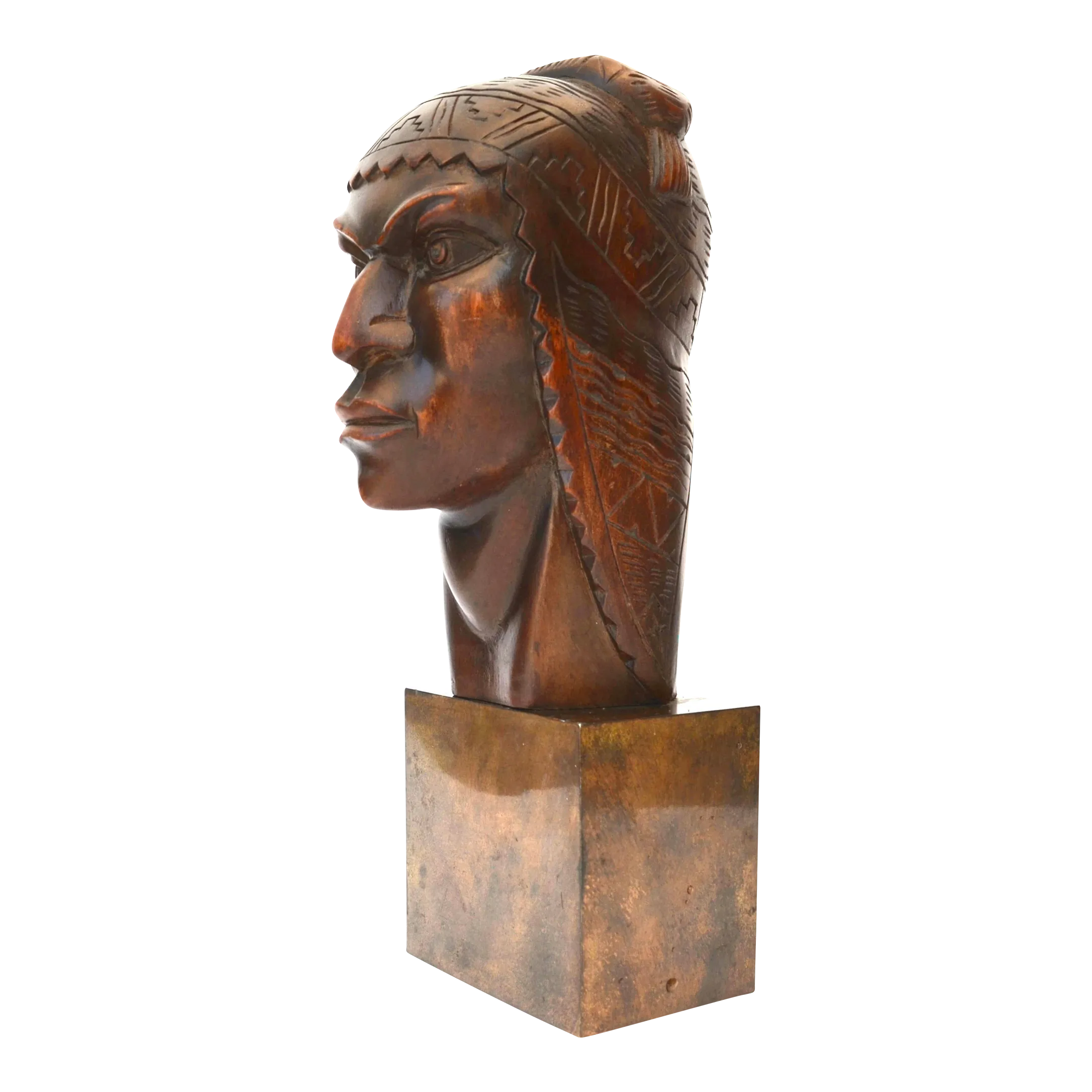 1940s Peruvian Warrior Indian Sculpted Head in Wood by A. Silva | Chairish