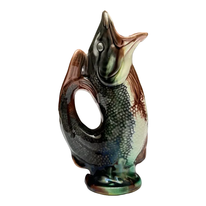 Antique English Fish Gurgle Jug Majolica | Chairish