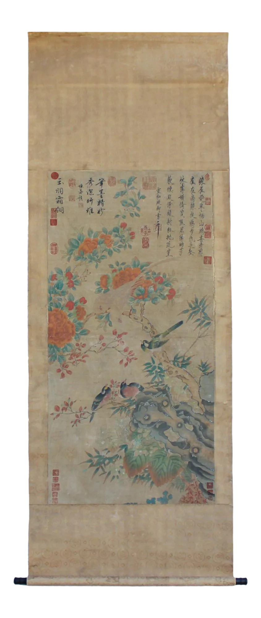 Chinese Flower Birds Color Ink Scroll Painting Museum Wall Art | Chairish