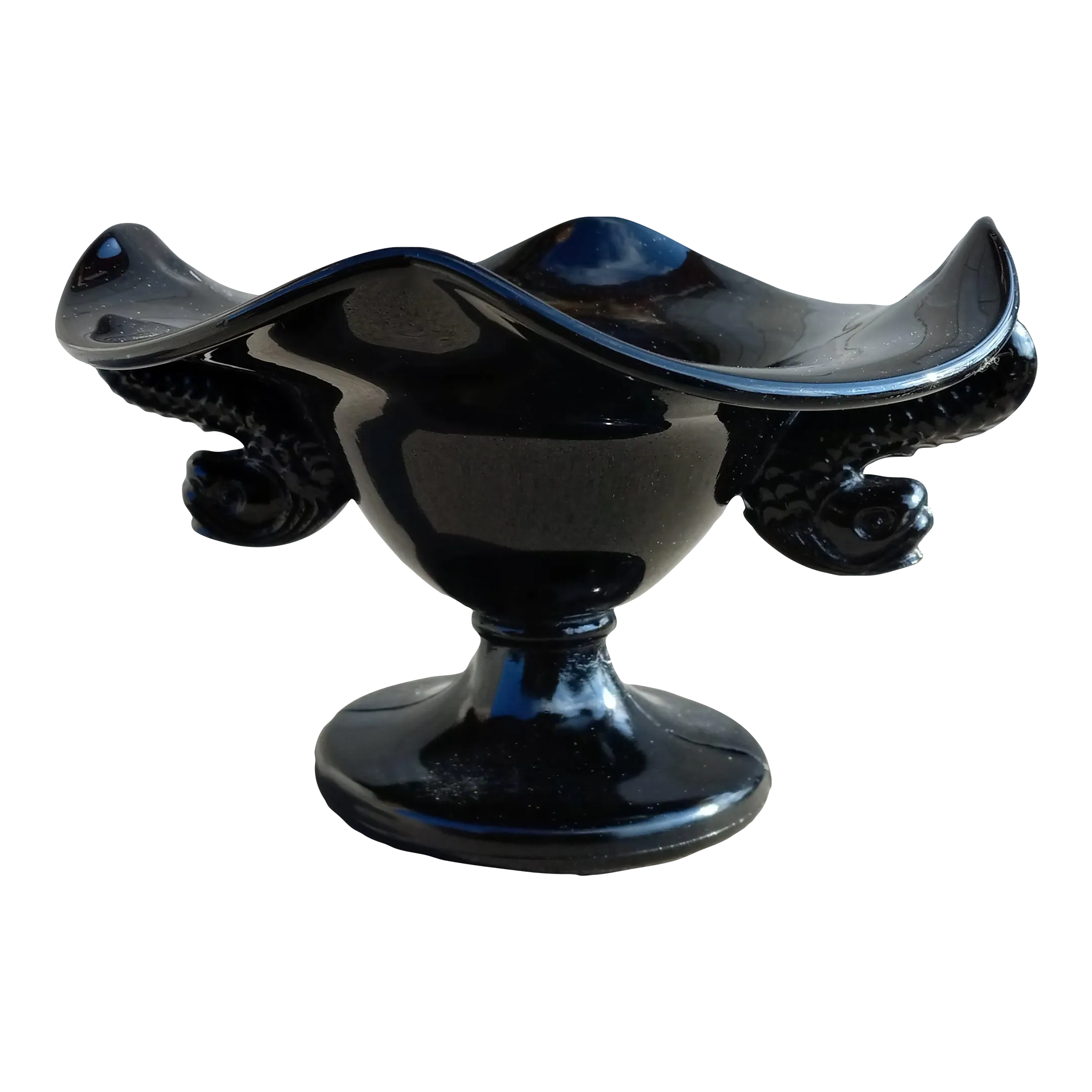 1930s Fenton Art Glass Dolphin Black Round Crimped Rim Compote Candy ...