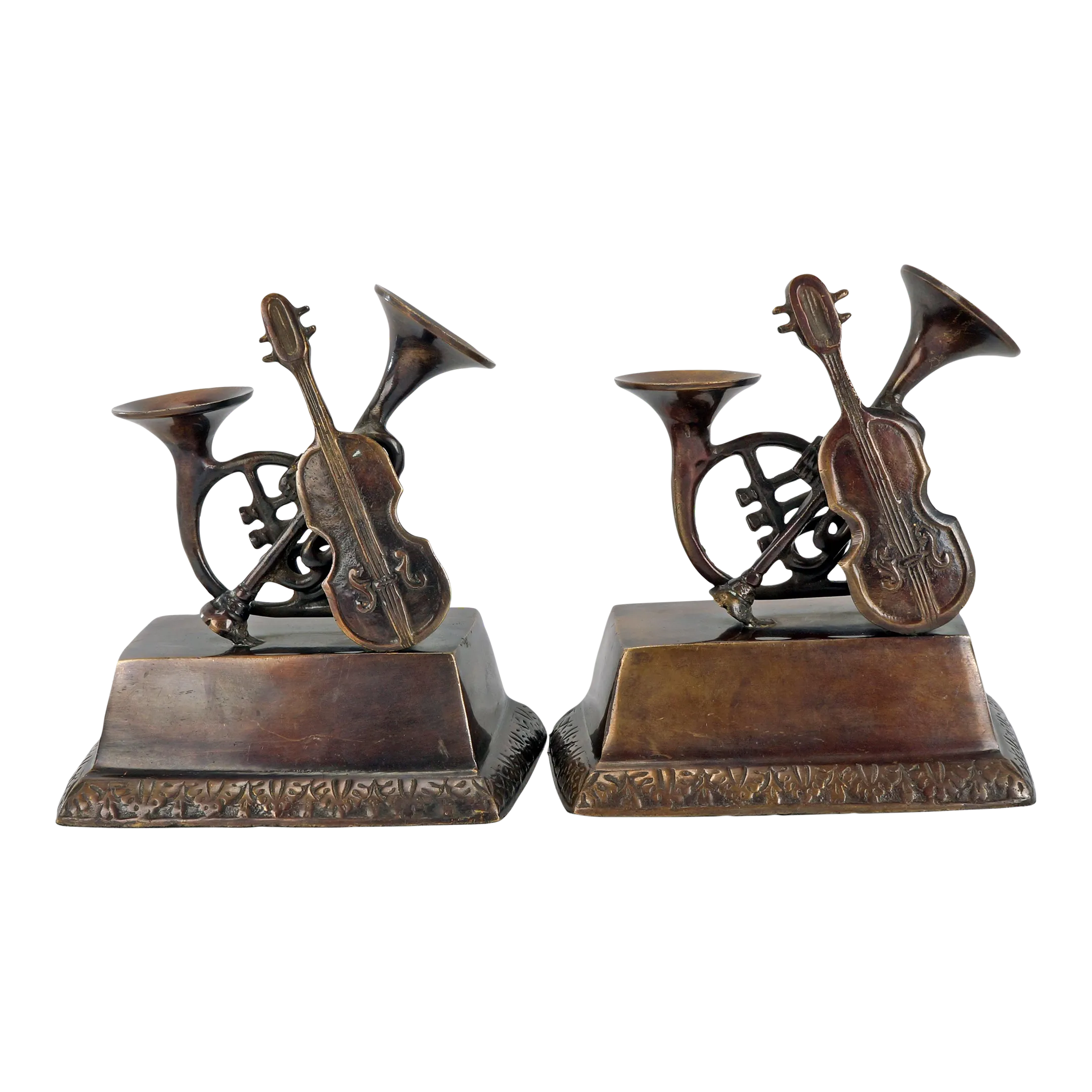 Pair Vintage Bronze-Clad Musical Instruments Bookends | Chairish