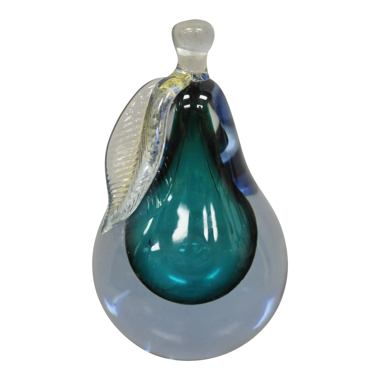 Italian Murano Blue 7" Blown Art Glass Pear Fruit Gold Flecks Leaf Paperweight | Chairish