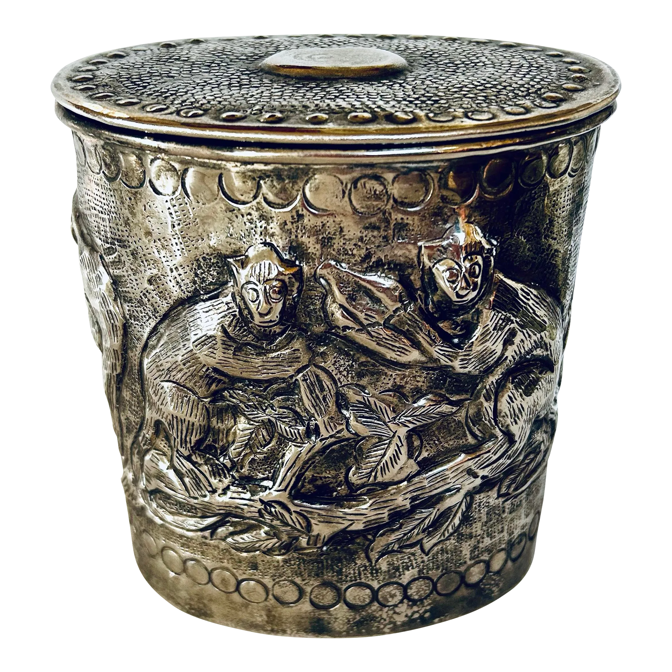 Silver Repousse Monkeys Tea Caddy | Chairish